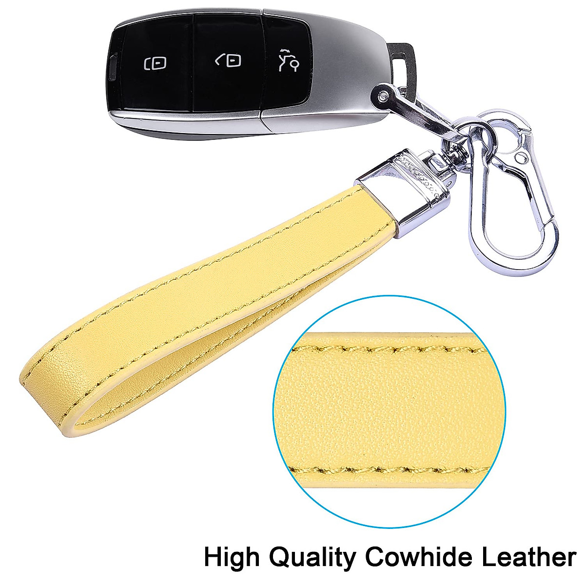 Wisdompro Genuine Leather Car Keychain, Universal Heavy Duty Leather Key FOB Keychain Key Chains Women for Car Keys, 360 Degree Rotation, with Anti-lost D-ring and 3 Keyrings - Yellow
