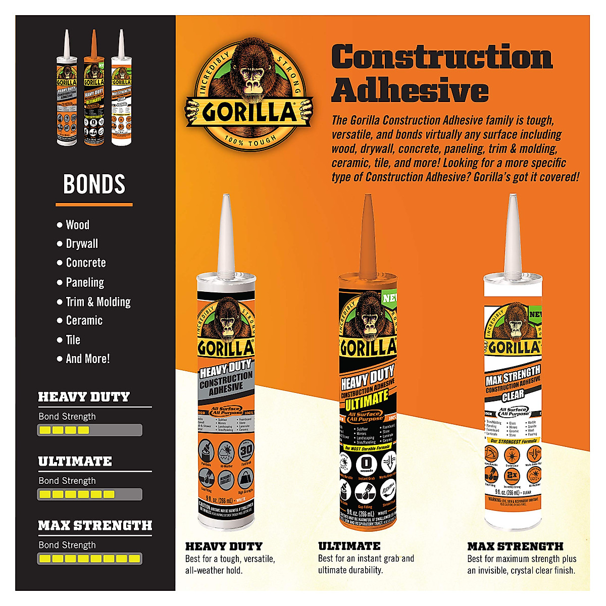 Gorilla Heavy Duty Construction Adhesive, 2.5 Ounce Squeeze Tube, White, (Pack of 2)