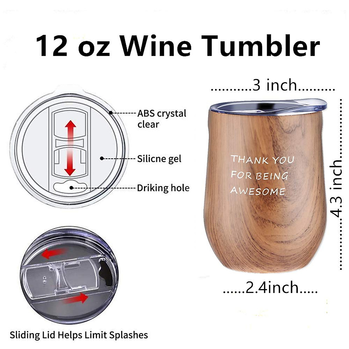 Thank You Gifts, 12oz Wine Tumbler with Lid Stemless Wine Glasses Double Wall Vacuum Travel Mugs Stainless Steel Cup Best Christmas Birthday Gift for Women