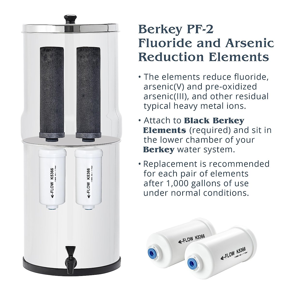 Big Berkey Gravity-Fed Water Filter System 2.25 Gallon with 2 Black Berkey Elements, 2 Berkey PF-2 Fluoride and Arsenic Reduction Elements
