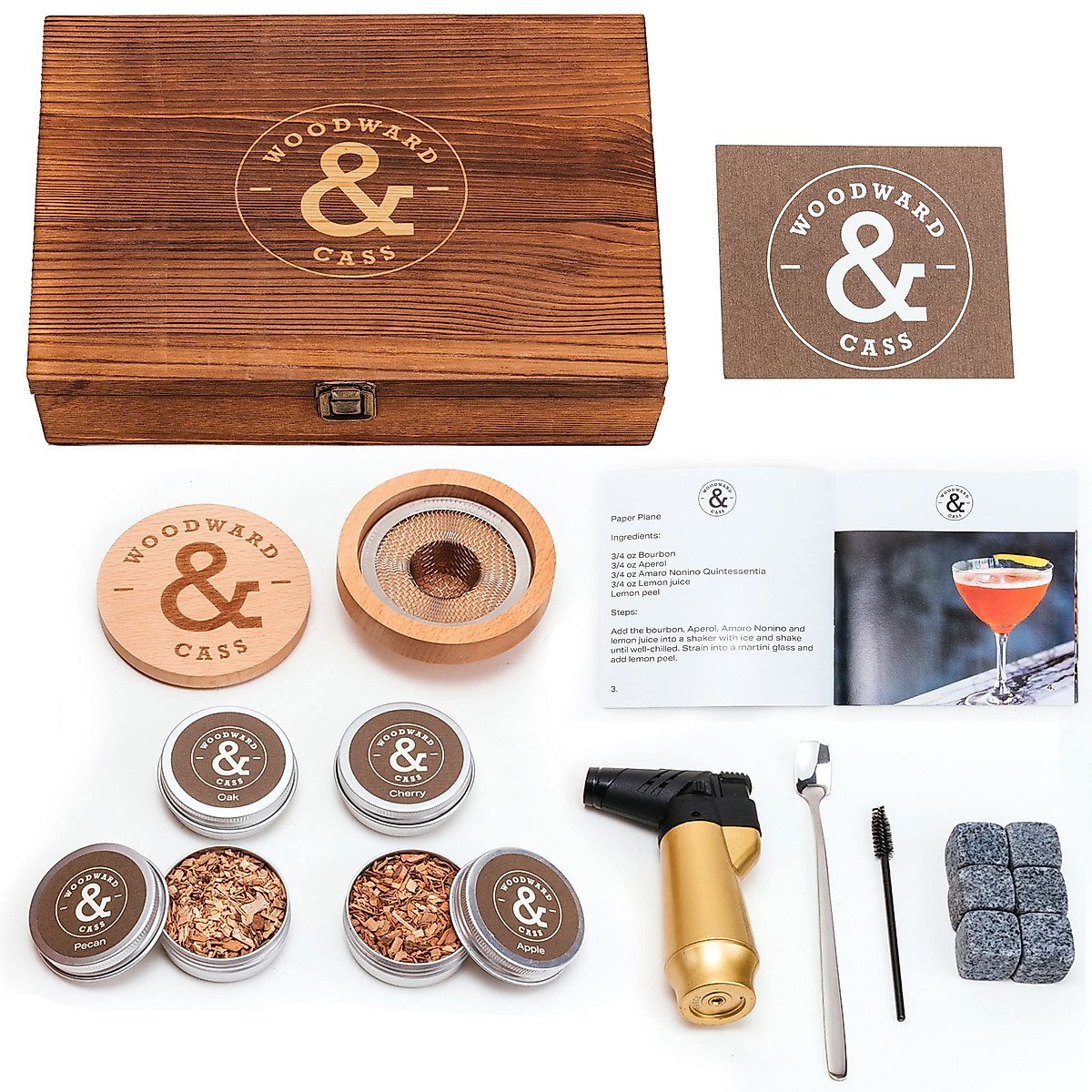 Woodward & Cass Whiskey Smoker Kit with Torch - 8 Piece Set - Drink Smoker Infuser Kit with Wood Box, Torch, Smoker, 4 Wood Chip Flavors, and Recipe Booklet - Bourbon Smoker Kit for Drinks
