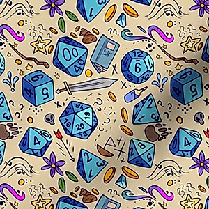 Spoonflower Fabric - Blue Fantasy Illustration Sword Dice Dragons Printed on Petal Signature Cotton Fabric Fat Quarter - Sewing Quilting Apparel Crafts Decor