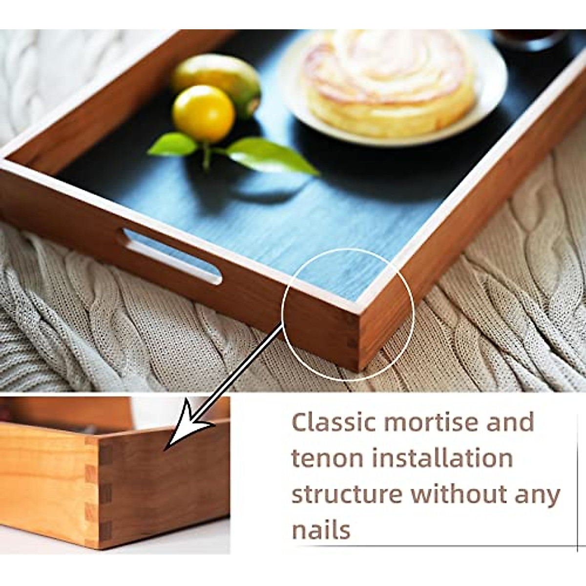 CRAZYWOOD Mystic Black Collection Cherry Wood Serving Tray, 22x13.5 Inch Food Drinks Tray for Coffee Table, Breakfast, Dinner & Bar, Rustic Decorative Storage Tray for Ottoman, Kitchen, Bedroom