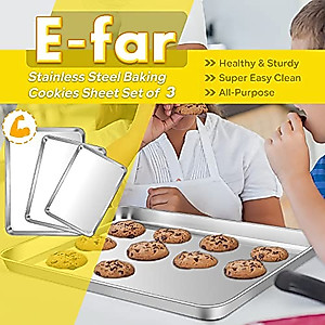E-far Baking Cookie Sheet Pan Set of 3, 16/12.4/10.4 Inch, Stainless Steel Baking Pans Set for Oven, Rectangle Baking Tray for Cooking Roasting, Non Toxic & Easy Clean, Dishwasher Safe