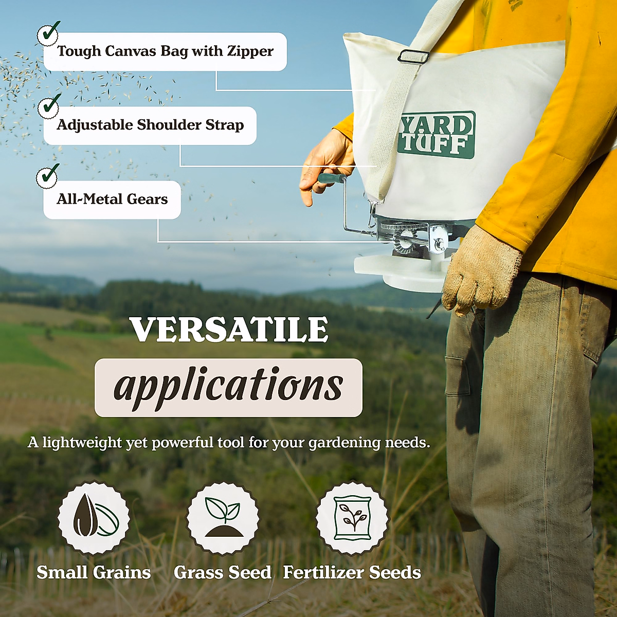 Yard Tuff Outdoor Lawn Garden 25 Pounds Shoulder Seeder and Grass Seed Spreader with Canvas Bag and Shoulder Strap, Green/White