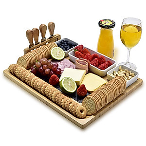 Bamboo cheese board and cheese knife set: large specialty dish board set and cheese platter - unique family warm keeping gift, new home, wedding anniversary and wedding gift, bride shower gift