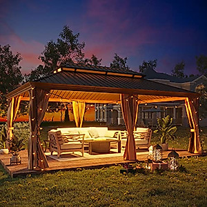 GAZEBEST 12' X 20' Permanent Hardtop Gazebo, Outdoor Galvanized Steel Double Roof Pavilion Pergola Canopy Wood-Looking with Aluminum Frame and Privacy Curtains for Garden,Patio Backyard,Deck and Lawns