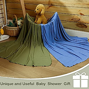 JaGely 2 Pack Baby Newborn Swaddle Blanket and Hat Set Large Stretchy Blankets with Soft Receiving for Boy Girl Essentials, Blue, Army Green, Hat: approx. 38 cm/ 15 inches in circumference