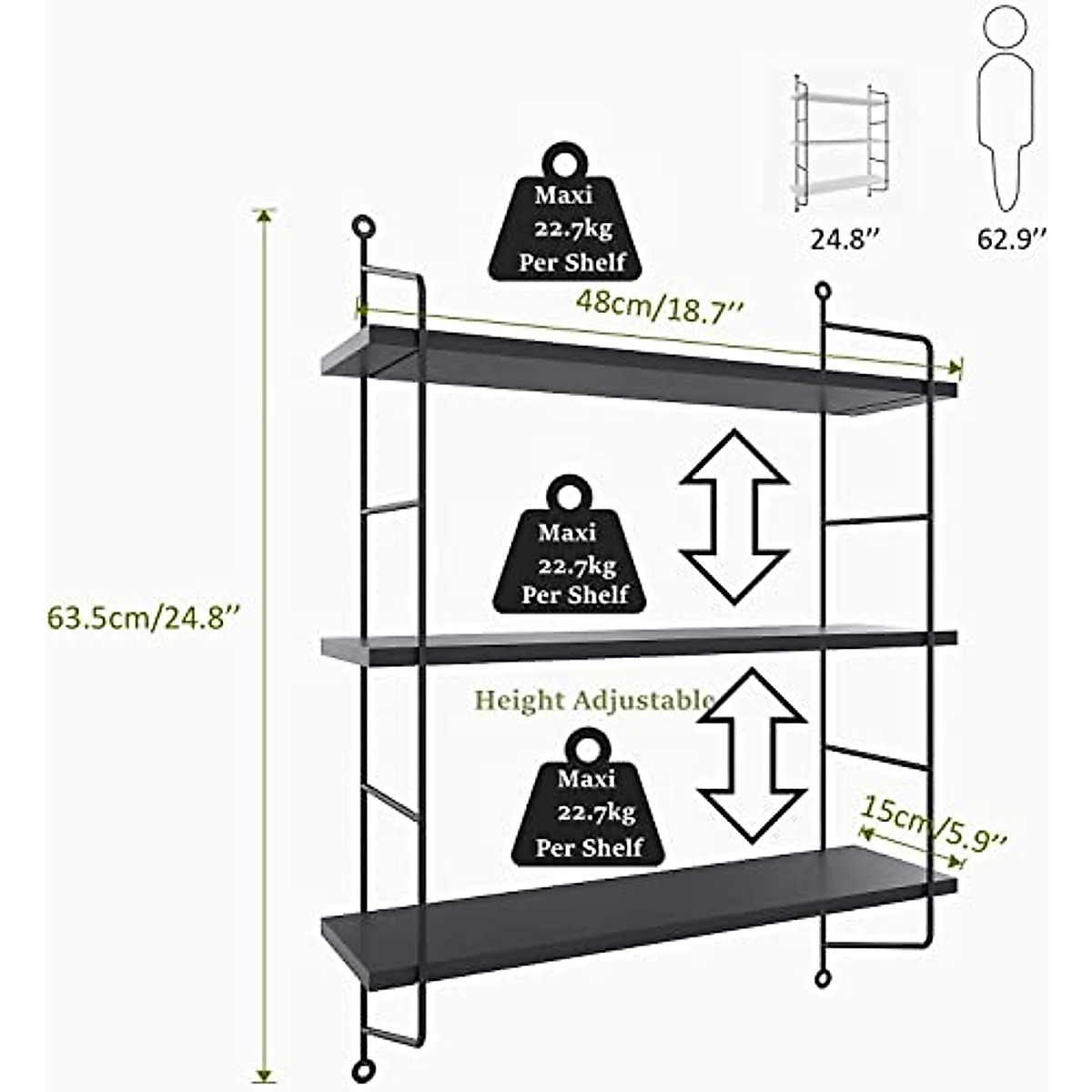 Industrial Wall Mounted 3-Tier Floating Shelf, Adjustable Wall Storage Rack, Decorative Hanging Display Shelf for Bedroom, Living Room, Bathroom, Kitchen, Office