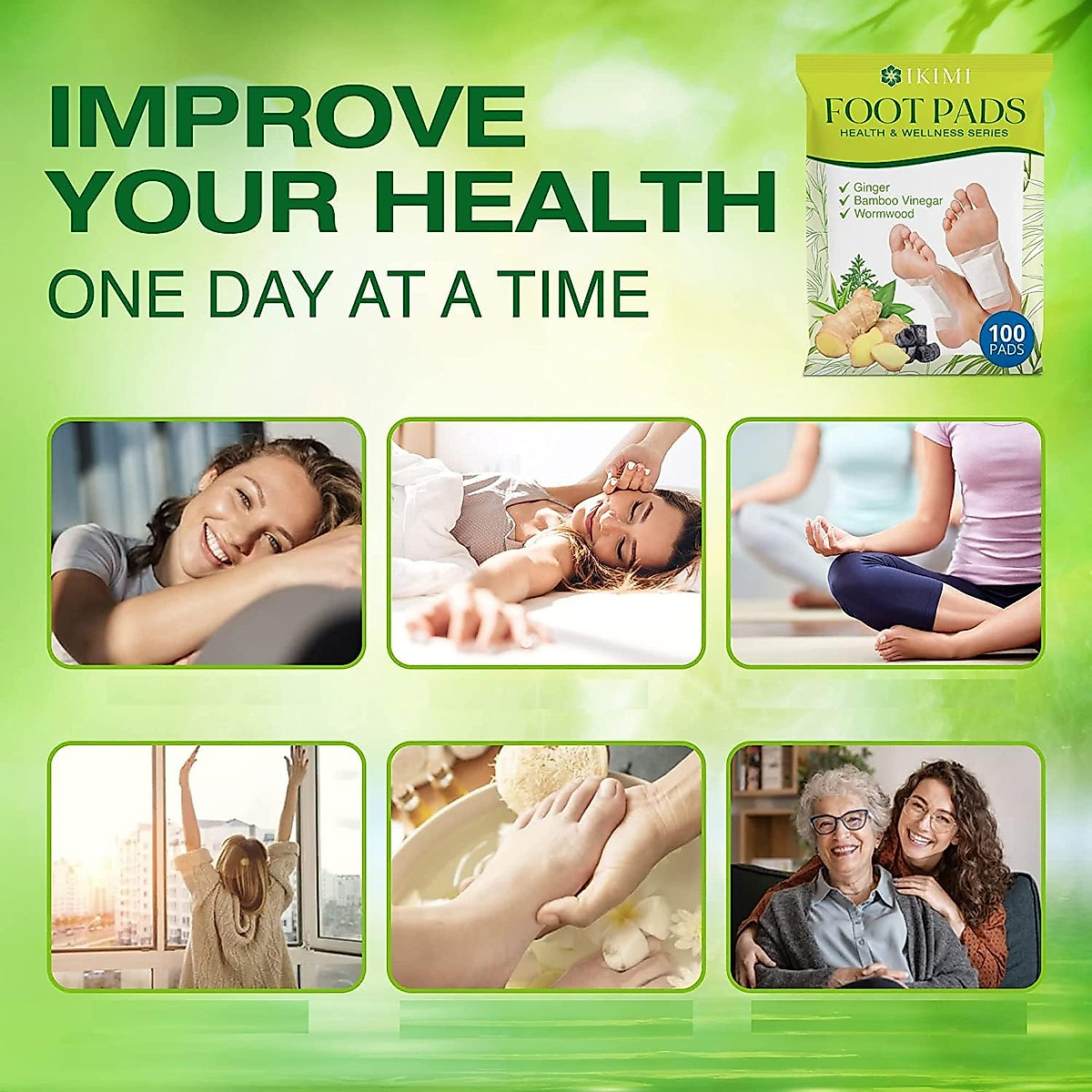 IKIMI 100 Ginger Foot Pads for Better Sleep, Stress Relief and Foot Care - Bamboo Vinegar and Wormwood Powder Patches