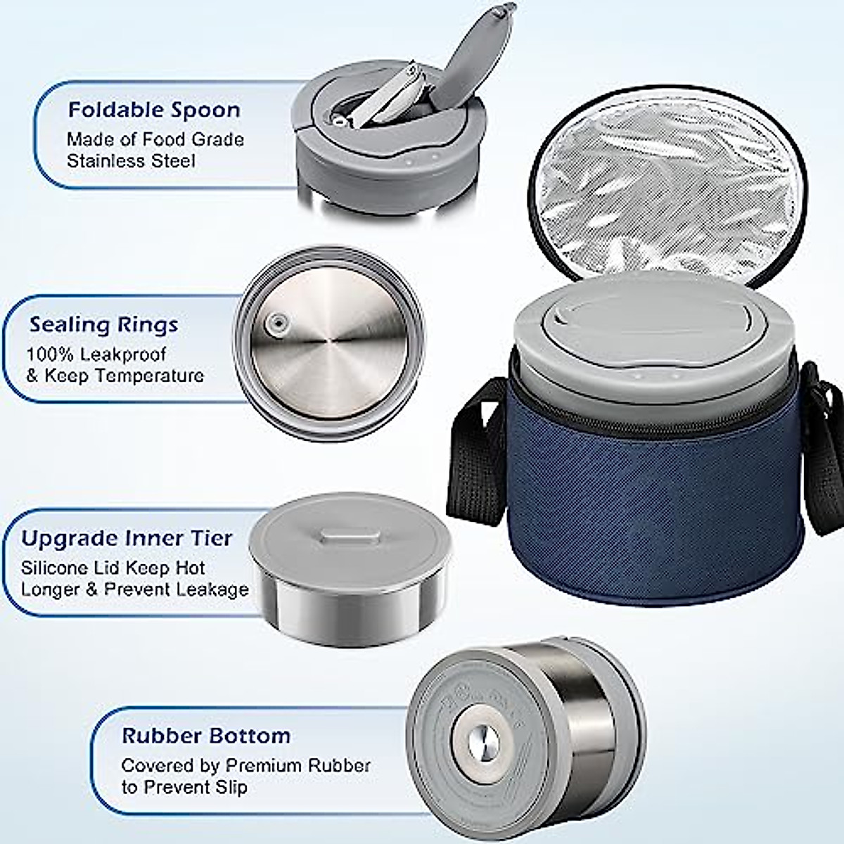 MAXSO Soup Thermos for Hot Food - 24 oz Vacuum Insulated Lunch Container with Foldable Spoon & Thermal Bag, Wide Mouth Bento Box for Adults (Silver)