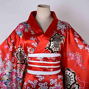 Women Japanese Kimono Robe Sweet Floral Patten Japanese Kimono Cosplay Dress Outfit Women Silk Satin Bathrobe Sleepwear (Long Kimono Red)