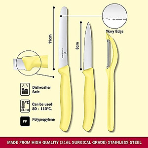 Victorinox Carbon Steel "Swiss Classic Trend Colours Special Edition" Set of 2 Kitchen Knives and 1 Peeler, 11 cm Wavy & 8 cm Straight Edge Knives with a Vegetable Peeler - Lemon, Swiss Made, Medium (6.7116.31L82)