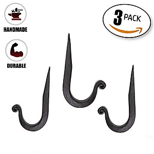 Stur-De Decorative Hooks for Wall - Wrought Iron Hooks for Hanging Coats, Hats, Bags, Towel Hooks for Kitchen or Bathrooms - Heavy Duty Black Hooks - 3.75 x 0.5 x 2 Inch (Black, 3 Hooks)