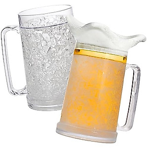 Fasmov Freezer Beer Mugs, 4 Pack Clear Double Wall Gel Frosty Freezer Ice Mugs, Freezer Mugs With Gel Beer Mugs For Freezer, Plastic Beer Mugs With Handles for Parties and Gifts, 16oz