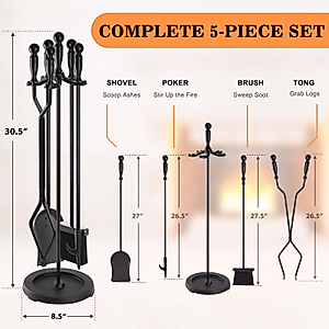 Gtongoko Fireplace Tools Set 5 Pcs 30.5 Inch Black Wrought Iron Large Fire Place Tool Set Indoor/Outdoor Include Poker, Shovel, Brush, Tong and Round Stand, Fireplace Kit Accessories Set