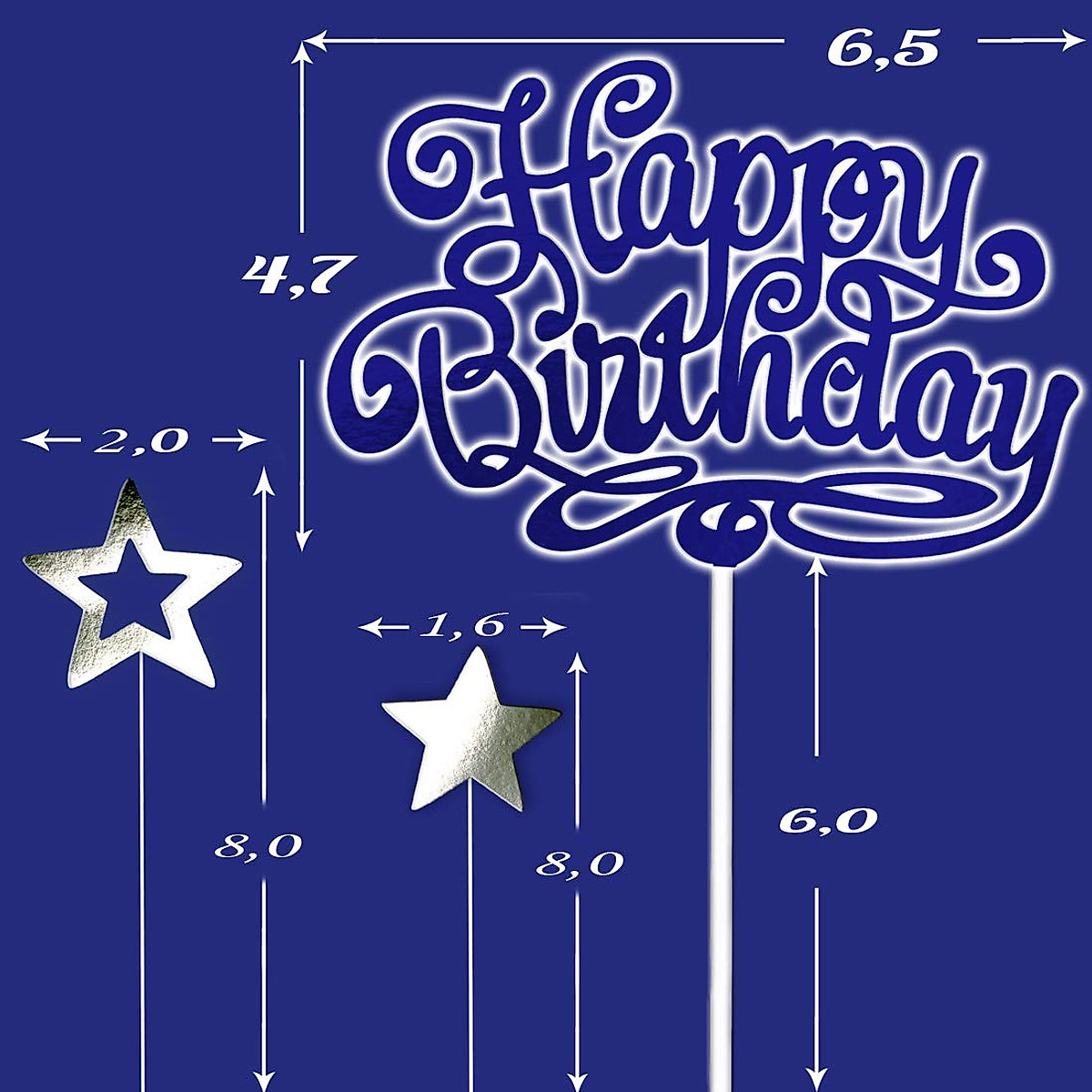 2001VK Blue Happy Birthday Cake Topper with 5 Silver-Gold Double Sided Stars Stars on Thin Wires for Party Decorations Set Handmade - available at store 2001VK