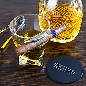 Whiskey Cigar Glasses with Side Mounted Cigar Holder, 10 oz + Whisky Chilling Stones and Accessories in Wooden Box - Scotch Bourbon Set for Dad, Husband, Fathers Day, Birthday Bezrat
