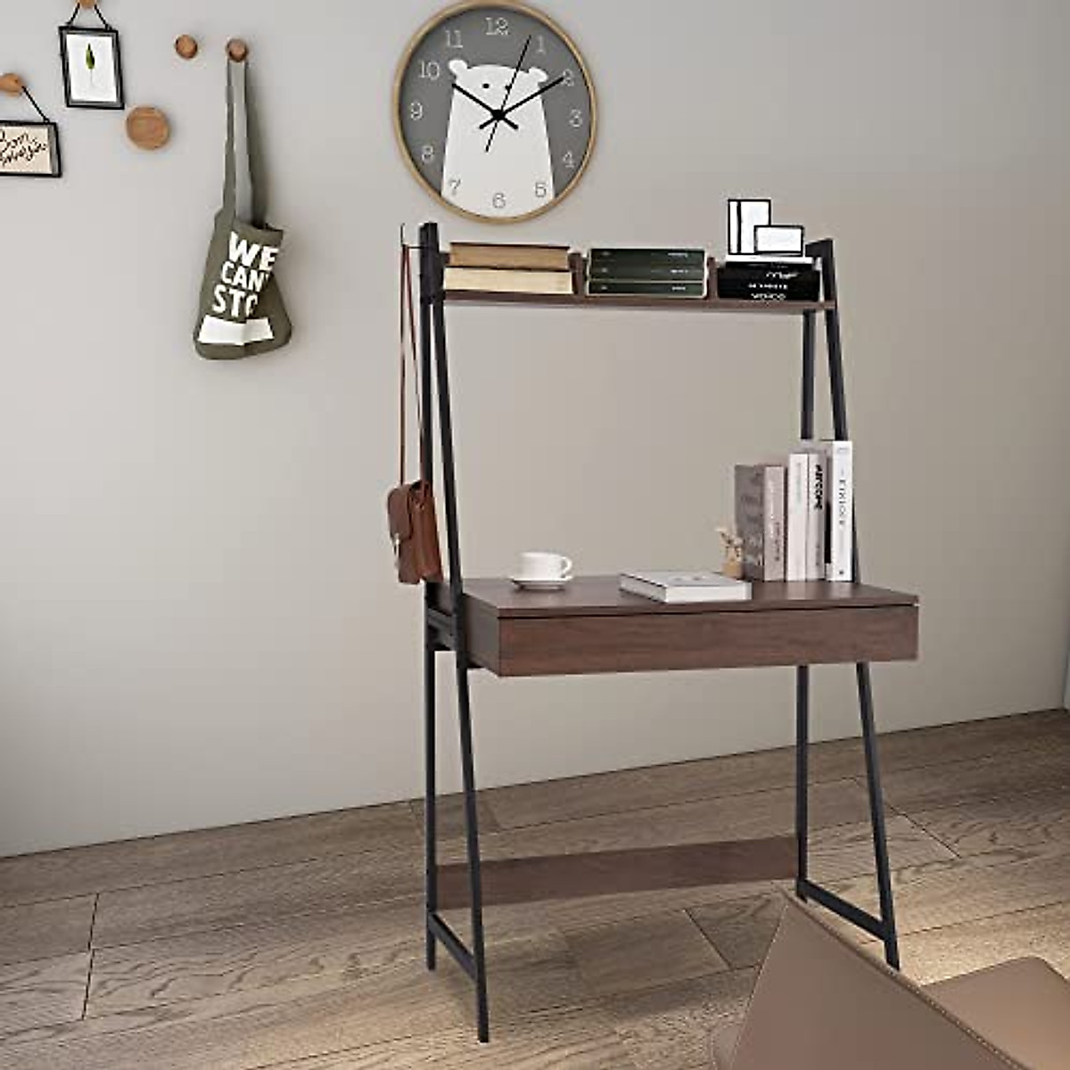 DEILALY 2 Tier Ladder Desk Computer Desk Escritorio para Computadora Desk Shelf Study Desk with Drawer Gaming Desk Study Table W31.5 PC Small Desk Metal Frame Home Office Bedroom