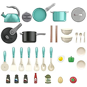 Bruvoalon 32Pcs Kids Play Kitchen Toys Set, Toddlers Pretend Cooking Playset Acccessories with Pots Pans, Utensils Cookware, Foods, Canned Veges, Learning Gift for Kids Girls Boys (Green)