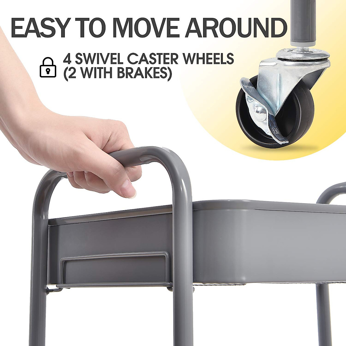 TOOLF 3-Tier Rolling Cart, Metal Utility Cart with Lockable Wheels, Storage Craft Art Cart Trolley Organizer Serving Cart Easy Assembly for Office, Bathroom, Kitchen, Kids' Room, Classroom (Grey)