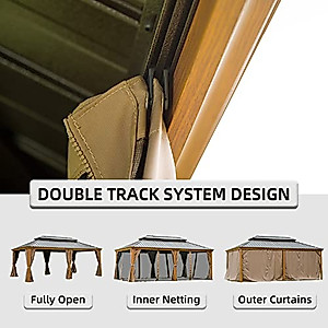 Domi Outdoor Living 12’x20’ Hardtop Gazebo, Wooden Coated Aluminum Frame Canopy with Galvanized Steel Double Roof, Outdoor Permanent Metal Pavilion with Curtains and Netting for Patio, Deck and Lawn