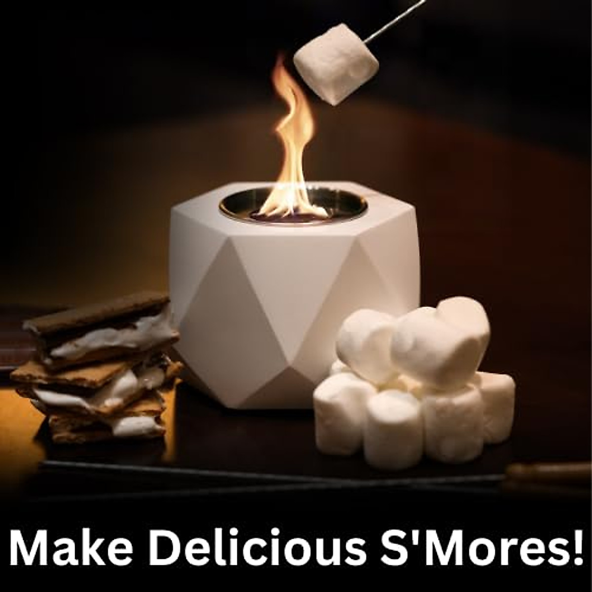 Tabletop Fire Pit – Smokeless & Odor Free Mini Fire Pit – Indoor & Outdoor Smores Maker – Portable Tabletop Fireplace – Modern Durable Concrete Fire Bowl – 1 Hour Burn Time – White