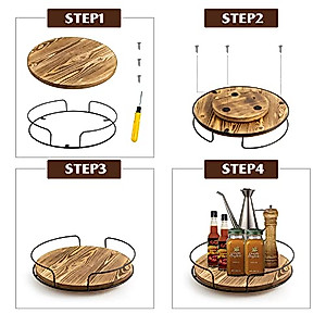 12 Inch Wood Lazy Susan Turntable for Table, Kitchen Rustic Turntable Organizer with Steel Frame, 360 Degree Decorative Turntable for Countertop Cabinet or Centerpieces