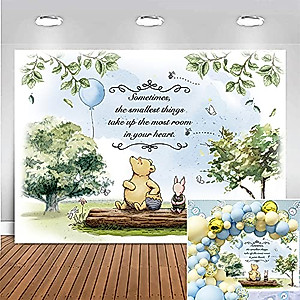 Classic Little Bear Cartoon Animal Backdrop Boy Kids Blue Balloon Birthday Photo Background Newborn Baby Shower Party Supplies Cake Table Decoration Backdrop 5x3FT