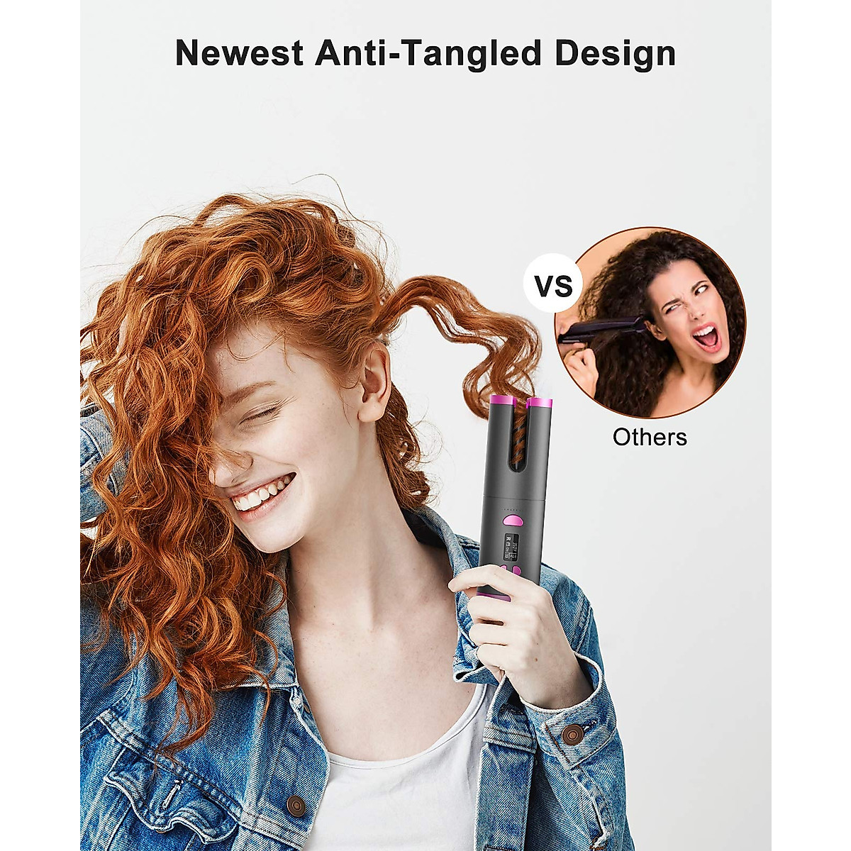 Curling Iron Automatic Cordless Hair Curler with 6 Temperature & Timer Settings, Portable Auto Shut-Off Rechargeable Curling Wand for Girls