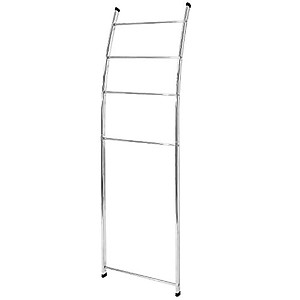 MyGift Silver Chrome-Plated Metal Wall Leaning Decorative Bath Towel Rack Storage Ladder with 4 Rungs and Curved Design, Free Standing Towel Drying Stand with Top and Bottom Non-Slip Rubber Feet