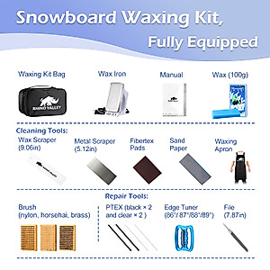 Rhino Valley Ski Snowboard Tuning and Waxing Kit, 15PCS Ski Wax Kit with 120V Waxing Iron, Snowboard Repair Kit Tuning Equipment with Universal Wax, Brush, Scraper, Ptex, Heavy Duty Carry Case