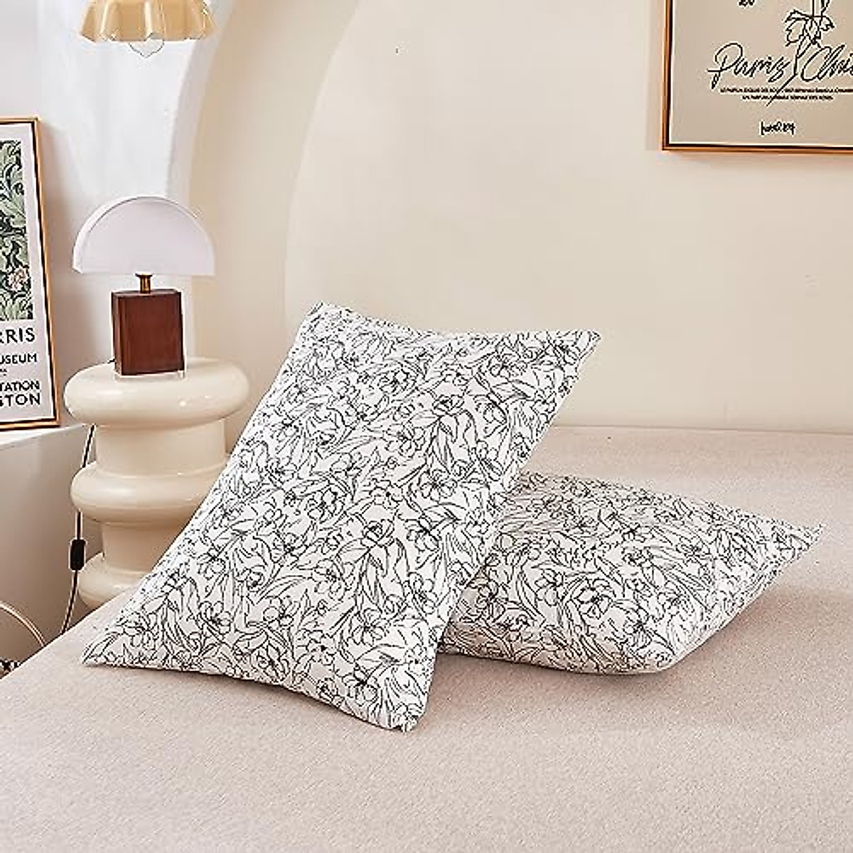 ECOCOTT 2 Pack Pillowcase Standard Size with White & Black Floral Pillow Cases Set, 100% Cotton Standard Pillow Covers Envelope Closure (Standard, 20"x26")