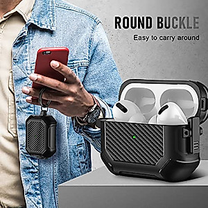 Maxjoy for AirPods Pro Case, Carbon Fiber Secure Lock Clip Full Body Shockproof Hard Shell Protective Case Cover with Keychain for Apple AirPod Pro (2019), Black
