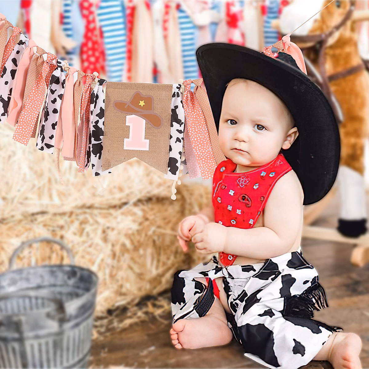 1st Birthday High Chair Banner - Cow Girl Rodeo for Party Fabric Decor,Cake Smash Baby Shower,Backdrop Garland for photo props