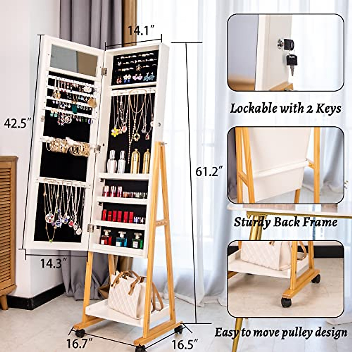 Ntufrest Standing LED Mirror Jewelry Armoire, Lockable Jewelry Organizer, Large Full-Length Jewelry Cabinet with Drawers, Exclusive Dressing Jewelry Organizer, White