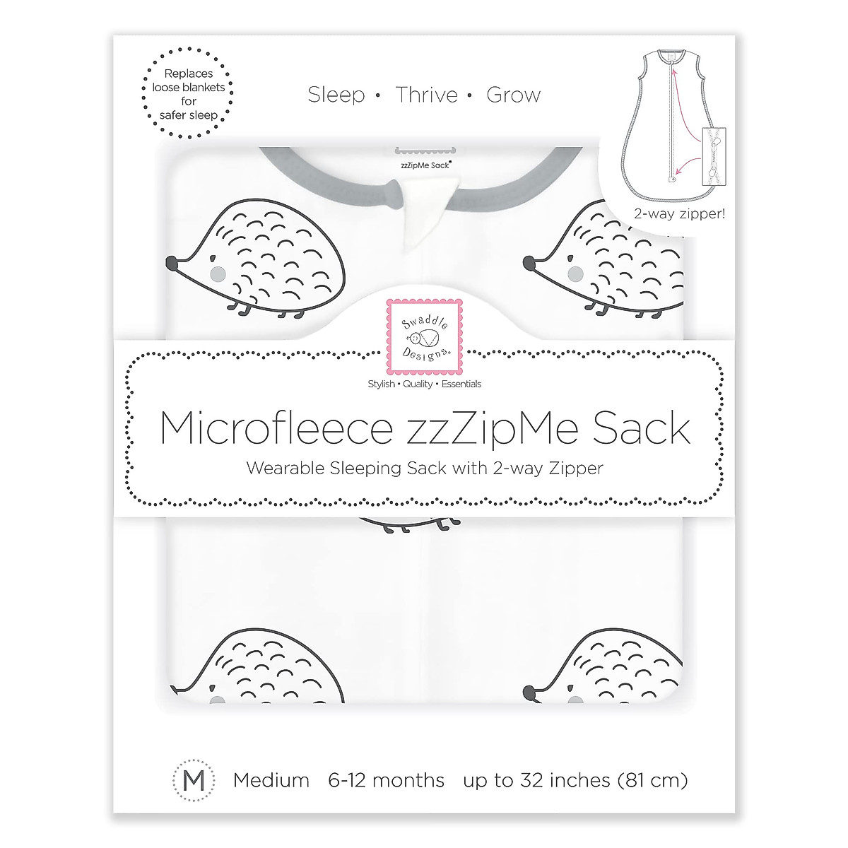 SwaddleDesigns Soft Fleece Sleeping Sack, Hedgehog, Black, Medium, 6-12 Months, Wearable Blanket with 2-Way Zipper