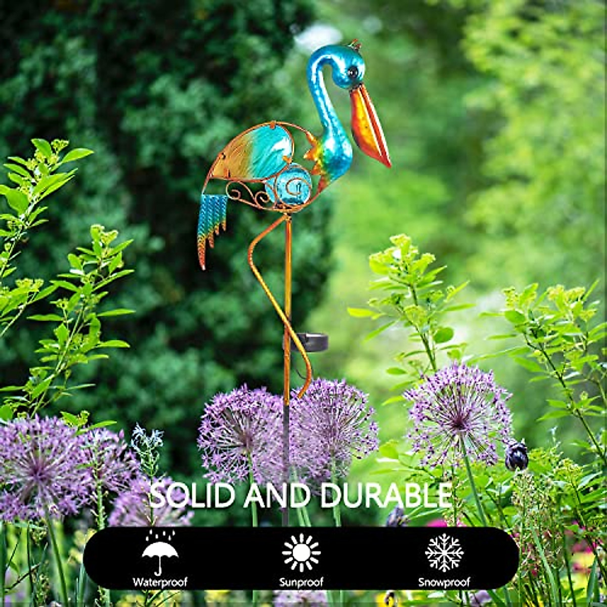 Asense Garden Solar Lights Pathway Stake Outdoor Metal Sculpture Art Decor, Solar Powered LED Lights for Lawn Patio Courtyard, Blue Flamingo with Crackle Glass Ball