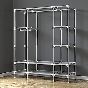 ASSICA Portable Clothes Closet Rolling Door Wardrobe with Hanging Rack Non-Woven Fabric Storage Organizer with Four Drawer Boxes No-Tool Assembly - 59.0 x 17.7 x 67.0 ‘’ (Gray)