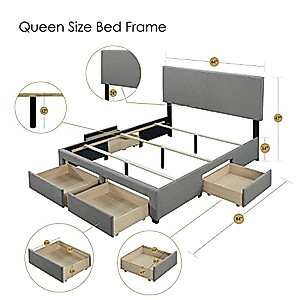 DG Casa Kelly Panel Bed Frame with Storage Drawers and Upholstered Headboard, Queen Size in Grey Linen Style Fabric