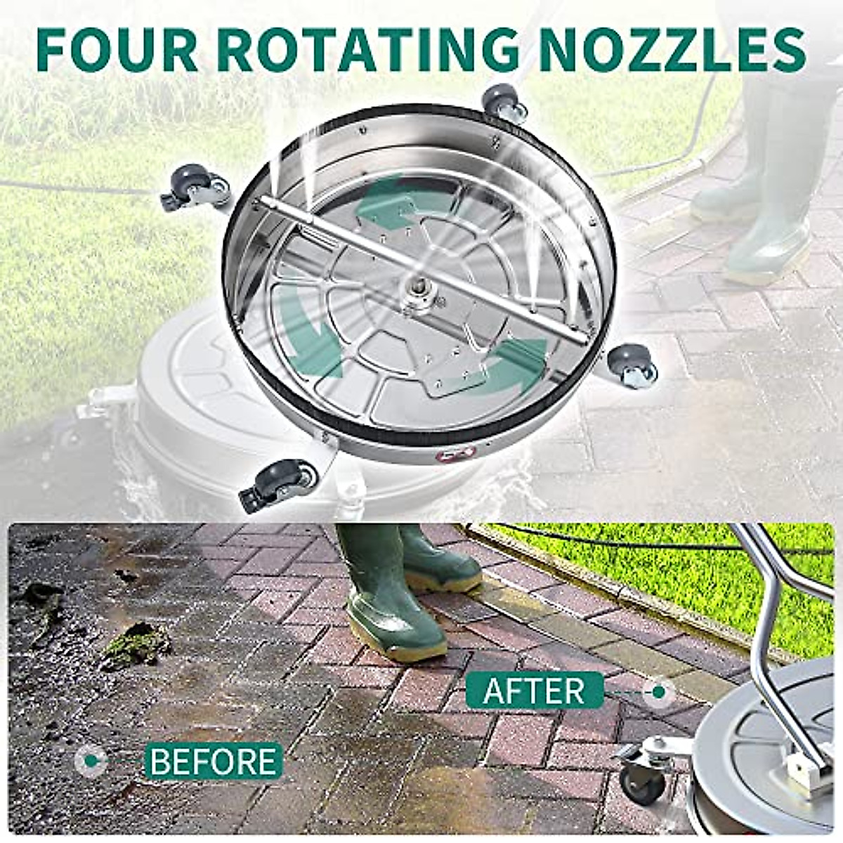 YITAHOME Pressure Washer Surface Cleaner, 20" Dual Handle with 4 Nozzles, High Pressure Cleaner for Driveways, Sidewalks, Patios, Decks Stainless Steel Housing & 3/8" Quick Connector, Max 4500 PSI