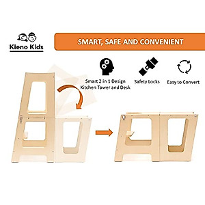 Learning Toddler Desk & Toddler Tower - Foldable 2 in 1 Kitchen Stool & Desk for Toddlers. Convenient Toddler Standing Tower, Converts Into a Toddler Table / Desk for Toddler (Natural Wood)