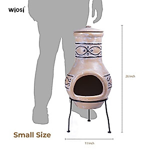 Wiosi Small Chiminea Outdoor Fireplace – Wood Burning Clay Chiminea with Protective Chimney Rain Lids and Solid Metal Stands - Terracotta Chimenea for Patio, Garden – Rustic Fire Pit Chimnea Chimney