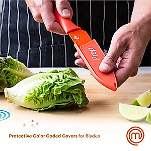 MasterChef Kitchen Knives Set with Covers incl. Paring, Boning, Carving, Bread, Santoku & Chef Knife, Sharp Cutting Stainless Steel Blades with Sheaths, 12 Piece (6 Colored Knives & 6 Covers)