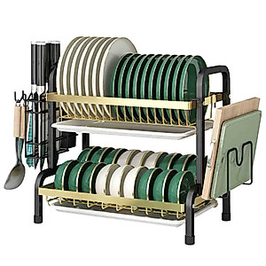 Kitchen Dish Drainer Rack, Large Capacity Carbon Steel Countertop Dish Storage Rack, with Utensil & Cutting Board Holder & Drip Tray,2 Tier,Large