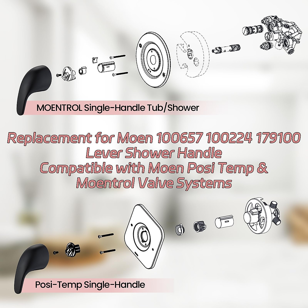 Replacement for Moen 100657 & 100224 & 179100 Lever Shower Handle, Universal Shower Handle Replacement Compatible with Moen PosiTemp & Moentrol Valve Systems, Matte Black
