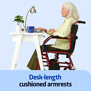 Medline Ultra Lightweight Transport Wheelchair for Adults, Foldable, 19-Inch Seat Width, Red Frame, Black Upholstery