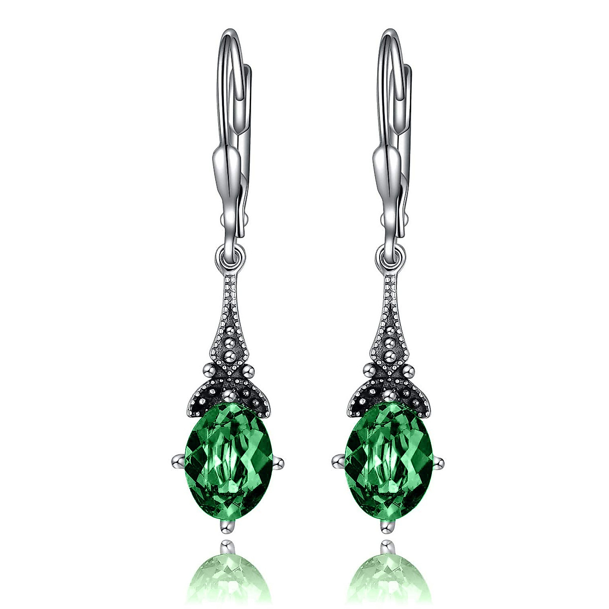 Vintage Leverback Emerald Green May Birthstone Earrings Sterling Silver Retro Drop Dangle Earrings with Oval Crystal from Austria, Birthday Christmas Jewelry Gifts for Women