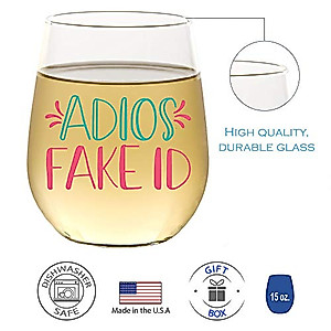 Adios Fake ID - Funny Cute Wine Glass, Stemless 15oz, Gift Box, 21st Birthday Gifts for Women, Finally Legal, R.I.P Fake ID, Happy 21st Birthday Gift for Women, Funny Gift Ideas for Sister, Friend