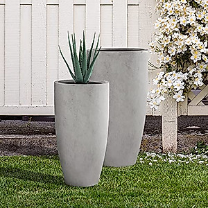 Kante 31.4" and 23.6" H Natural Concrete Finish Concrete Tall Planters Large Outdoor Indoor Decorative Plant Pots with Drainage Hole and Rubber Plug, Modern Tapered Style for Home and Garden